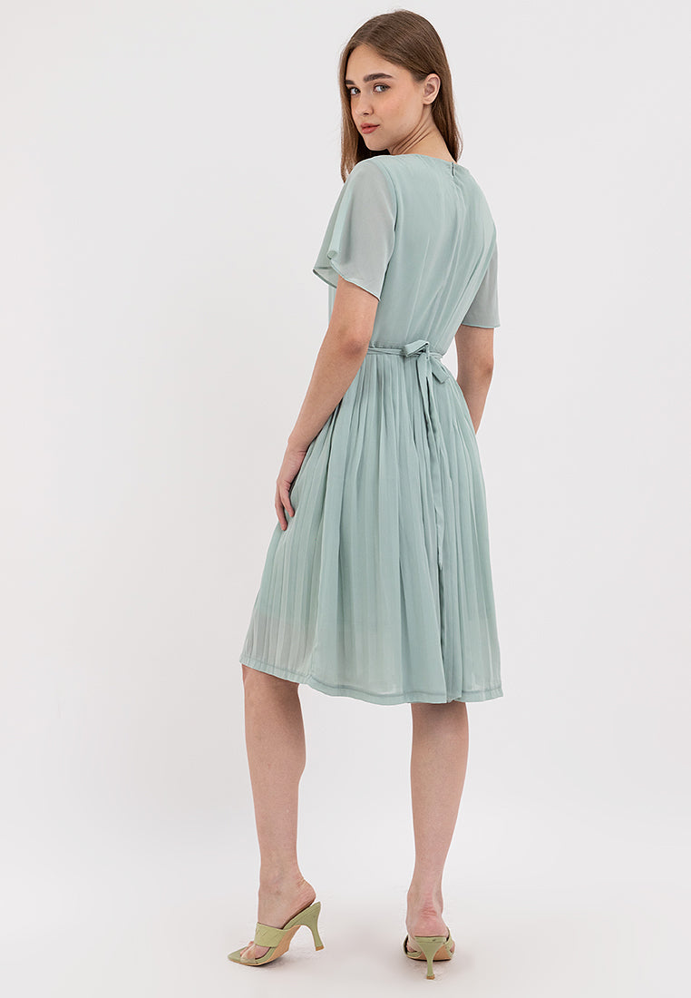 V-Neck Belted Electric Pleats Skirt Dress – Krizia Shop